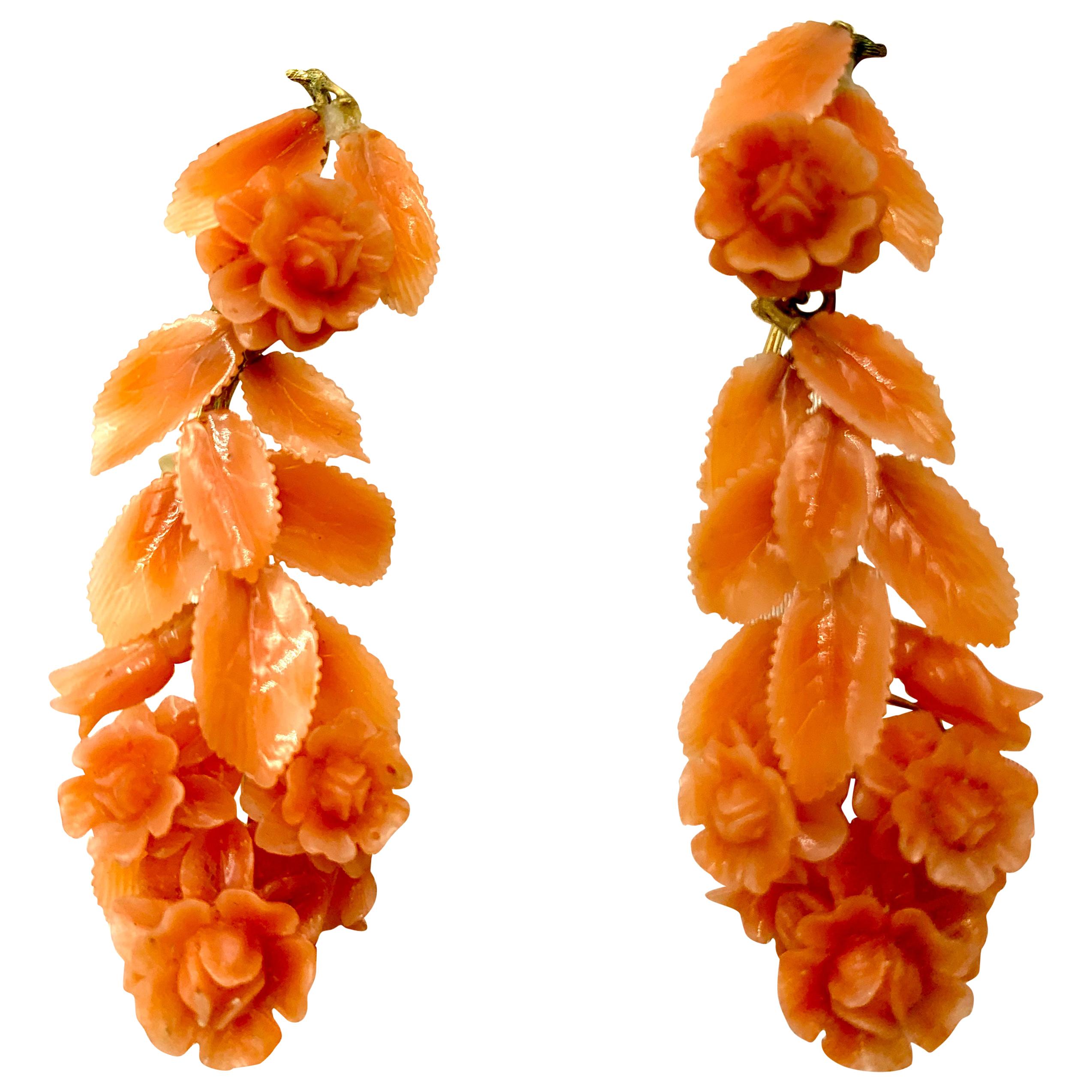 Antique Carved Coral and 14 Karat Yellow Gold Rose Motif Earrings, 19th ...