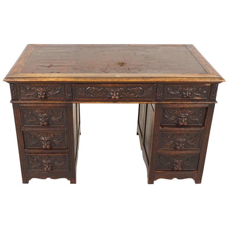 Antique Carved Desk, Victorian Green Man Oak Pedestal Desk, Scotland ...