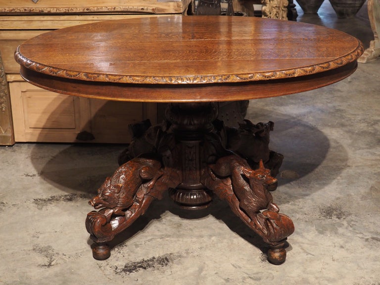 Antique Carved French Oak Oval Hunt Table with Boar, Dog, Fox, and Stag ...