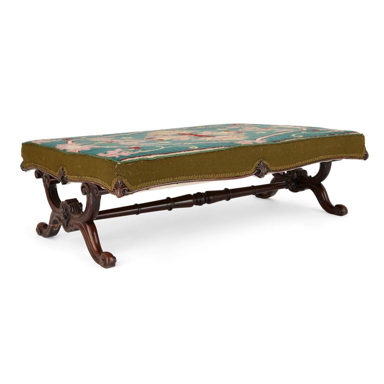 Antique Carved Hardwood and Upholstered Victorian Stool For Sale at 1stDibs