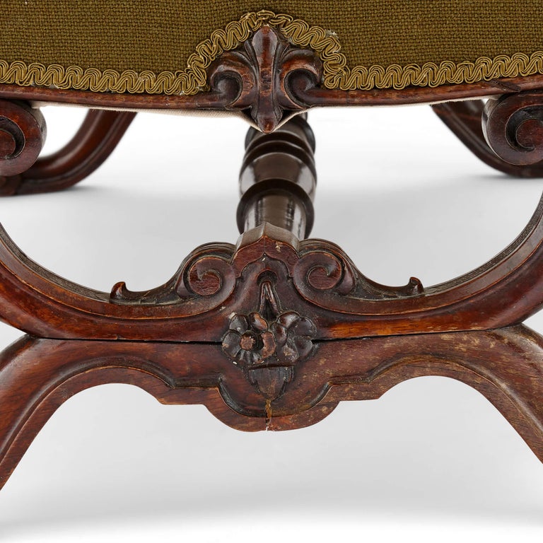 Antique Carved Hardwood and Upholstered Victorian Stool For Sale at 1stDibs