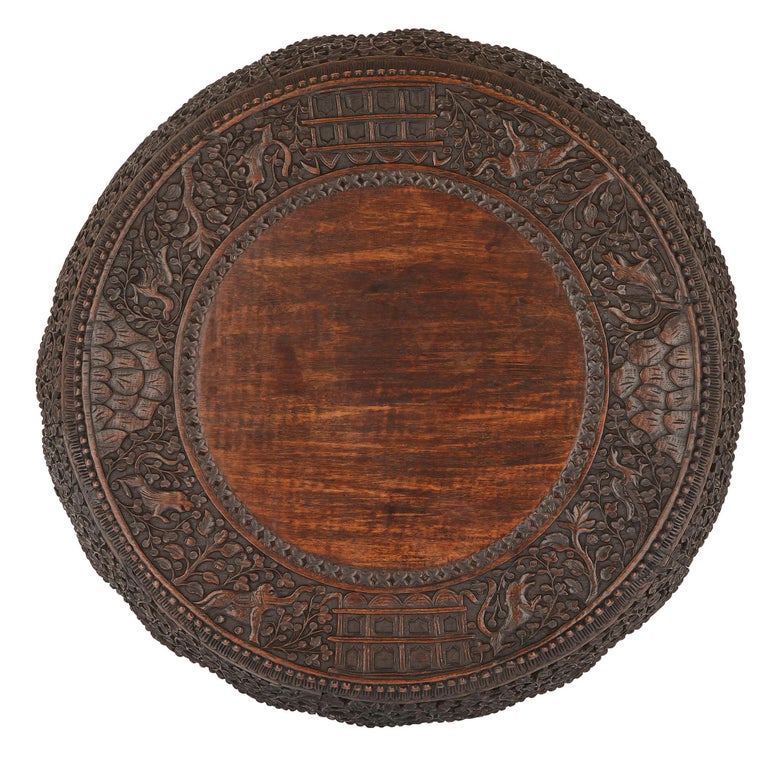 Antique carved hardwood circular side table with rosewood top, Myanmar ...