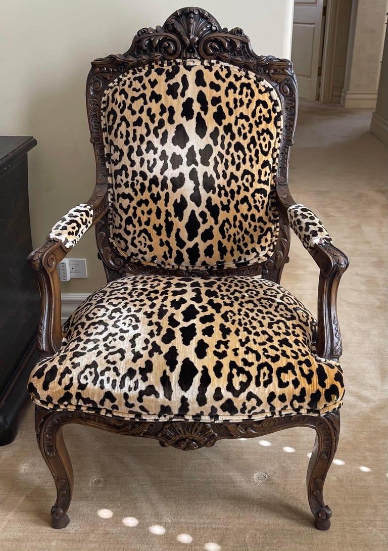 Antique Carved Italian Walnut Arm Chair With Scalamandre Leopardo Silk ...