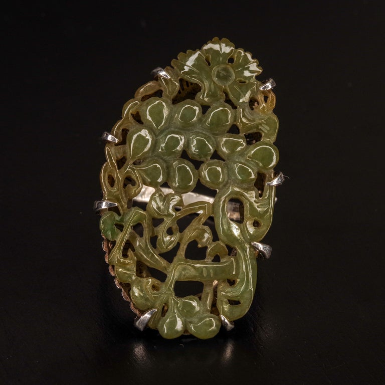 Antique Carved Jadeite Ring in Silver at 1stDibs
