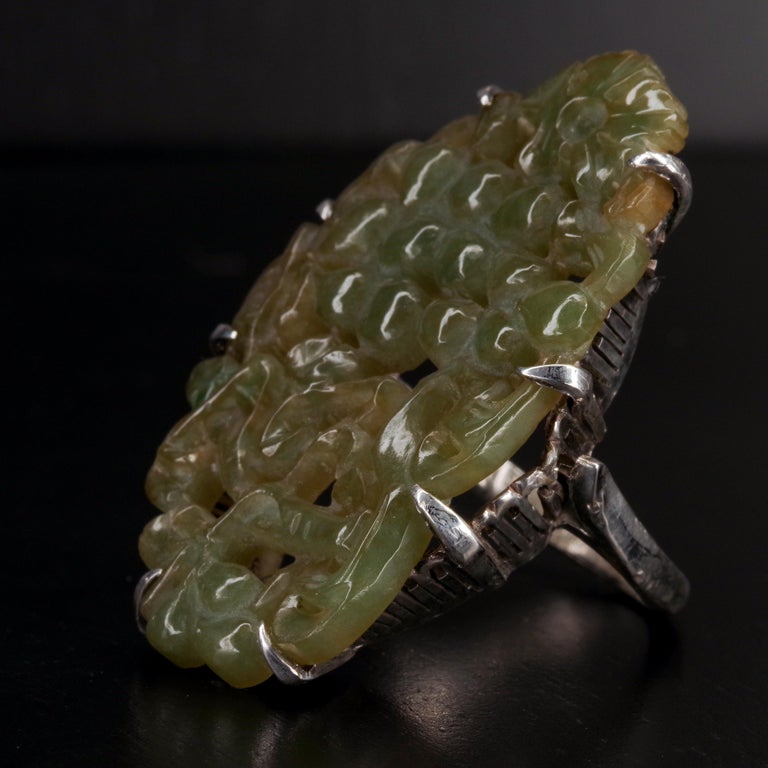 Antique Carved Jadeite Ring in Silver at 1stDibs