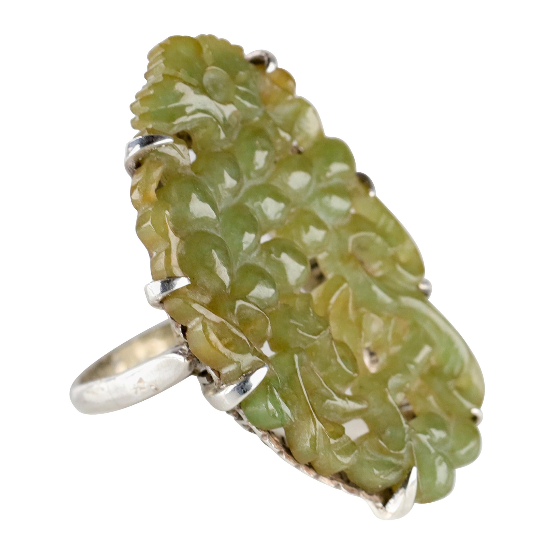 Antique Carved Jadeite Ring in Silver at 1stDibs