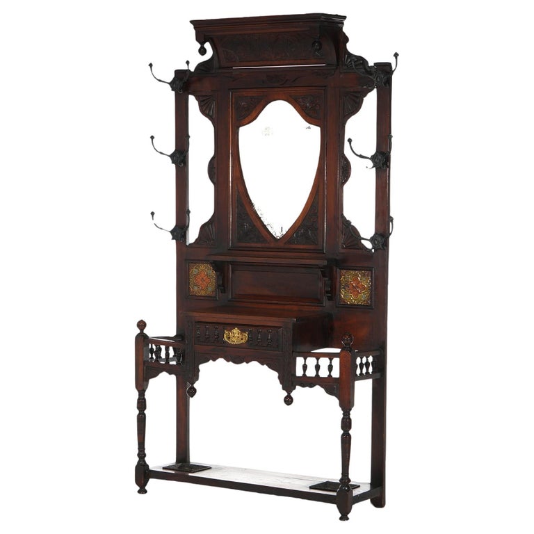 Antique Mahogany Hall Tree Antique Carved Mahogany Hall Tree With