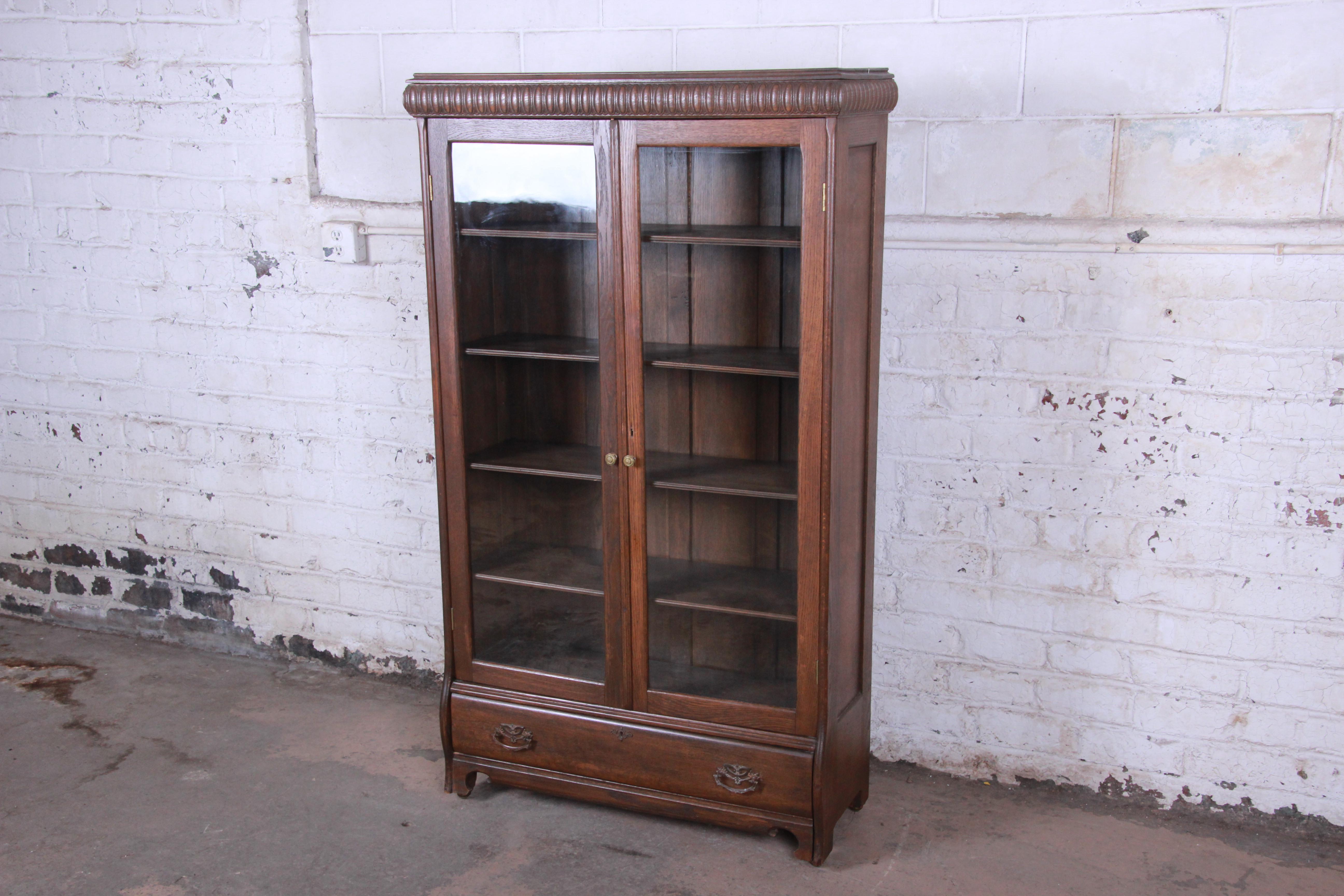 Antique Carved Oak Glass Front Locking Bookcase at 1stDibs | antique ...