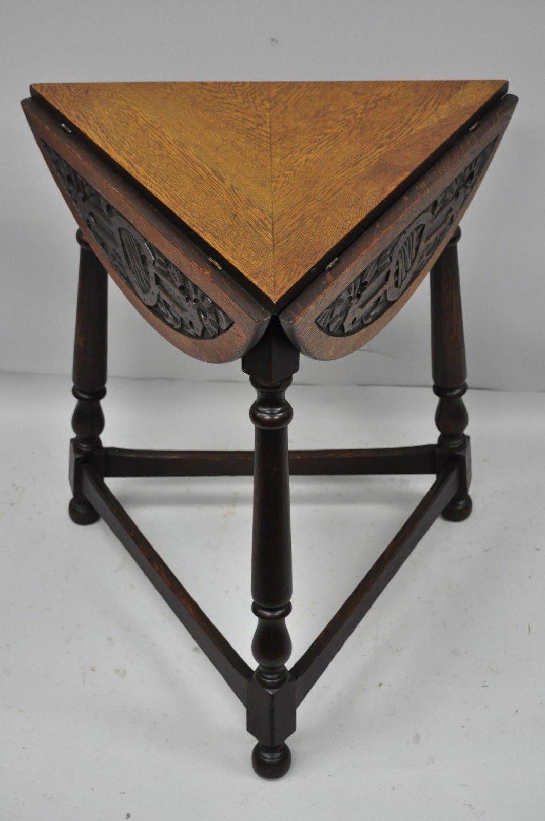 Antique Carved Oak Wood Renaissance Revival Triangle Drop-Leaf Side ...