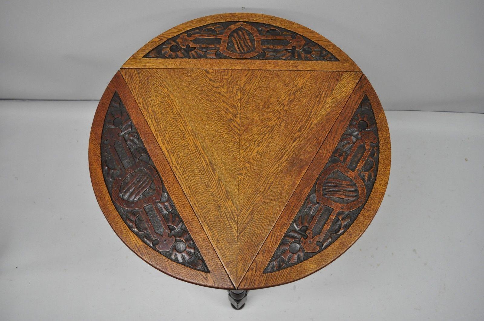 Antique Carved Oak Wood Renaissance Revival Triangle Drop-Leaf Side ...