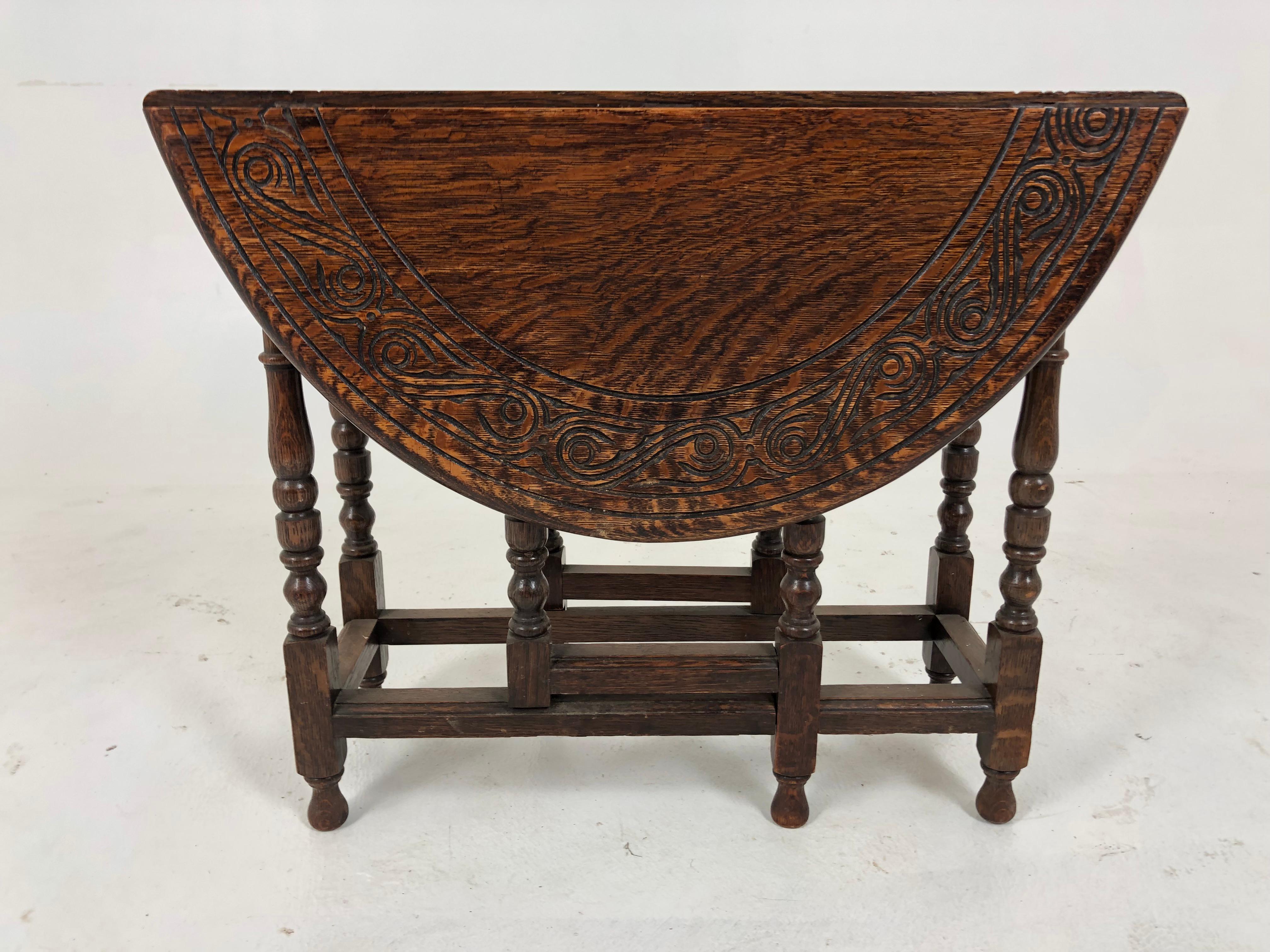 Antique Carved Tiger Oak Drop Leaf, Gateleg Table, Scotland 1910, H720 For Sale at 1stDibs