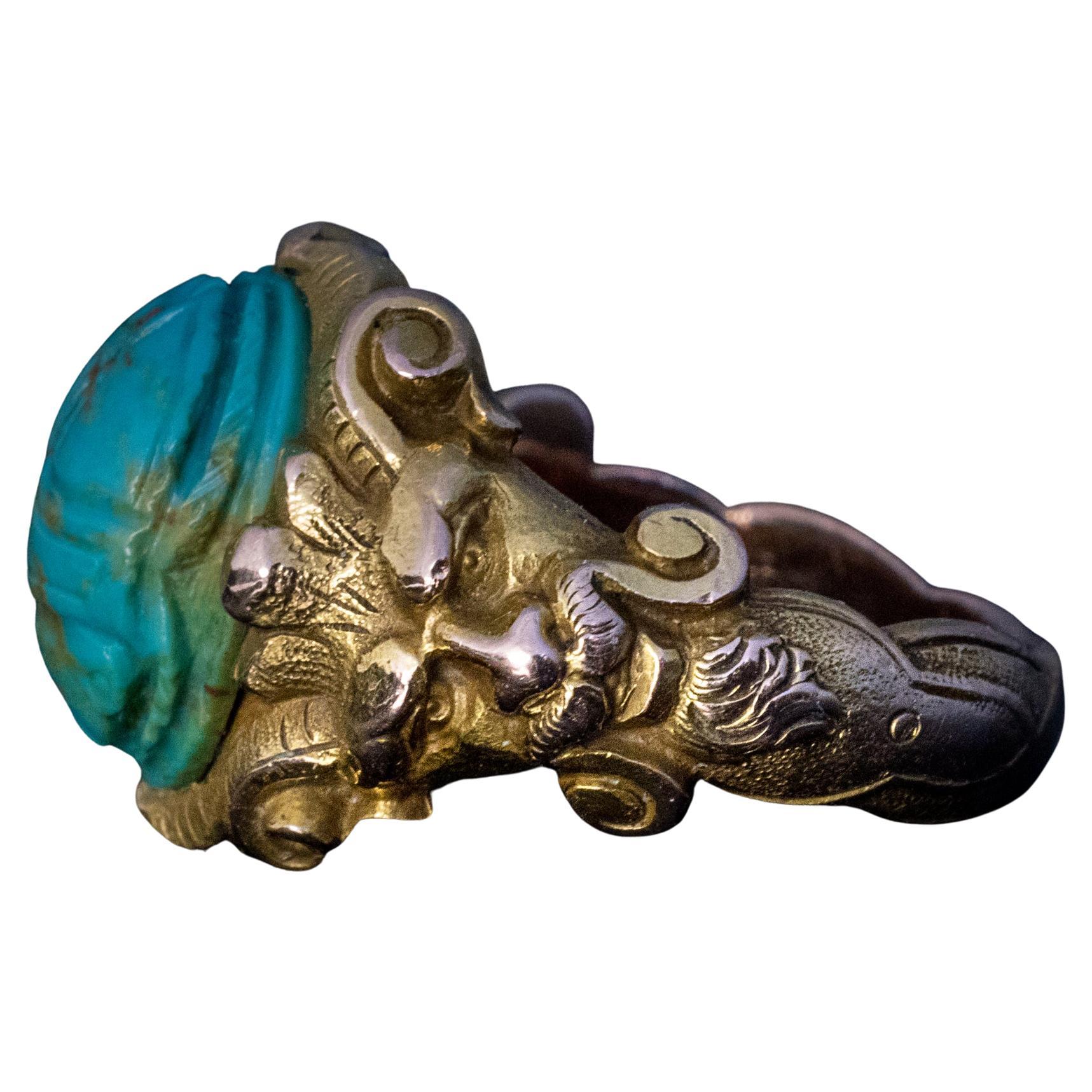 Antique Carved Turquoise Gold Unisex Ring at 1stDibs
