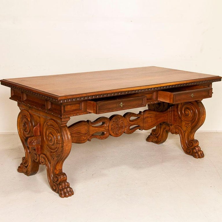 Antique Carved Walnut Desk With Two Drawers from Denmark at 1stDibs