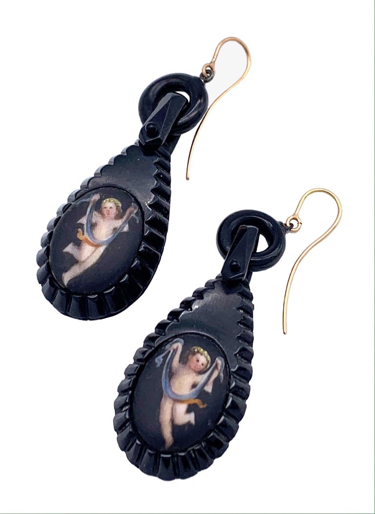 Antique Carved Whitby Jet Earrings Dancing Cupids Putti Garlands Gold ...