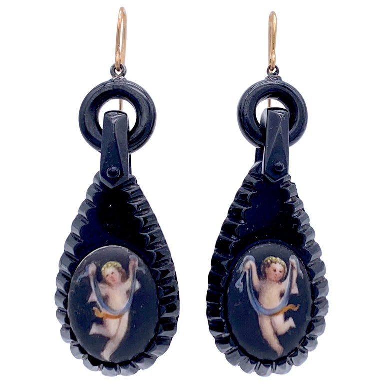 Antique Carved Whitby Jet Earrings Dancing Cupids Putti Garlands Gold ...