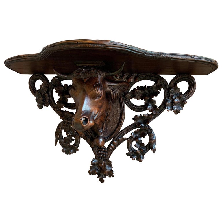 Antique Carved Wood Black Forest Cow Wall Shelf Bracket Corbel Swiss at ...