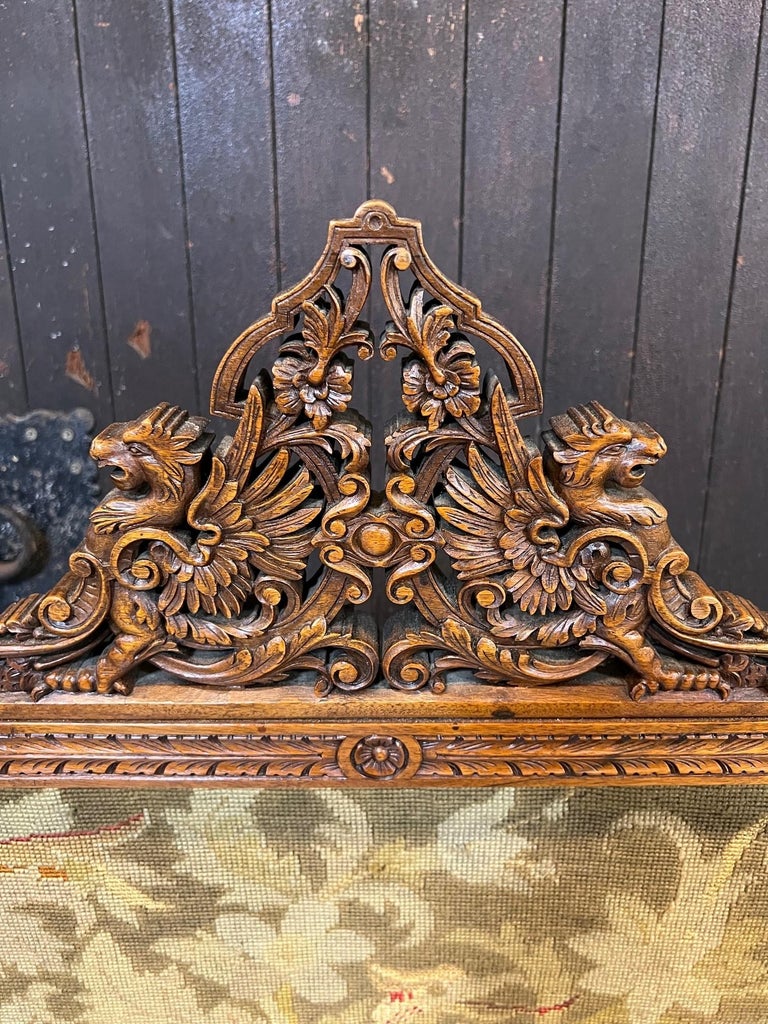 Antique Carved Wood Fire Screen with Winged Griffons and Tapestry ...