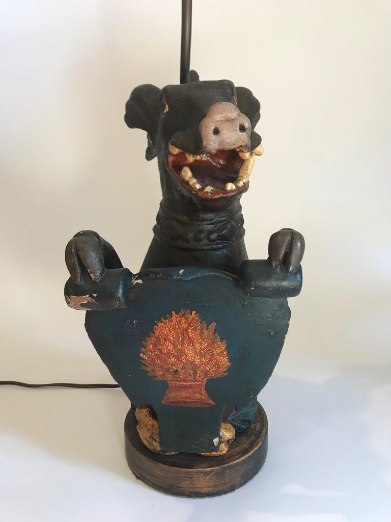 Antique Carved Wood Wild Boar Figure Holding a Painted Shield For Sale ...