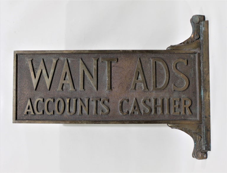 Antique Cast Bronze Newspaper Office Want Ad Accounts Cashier Flange ...