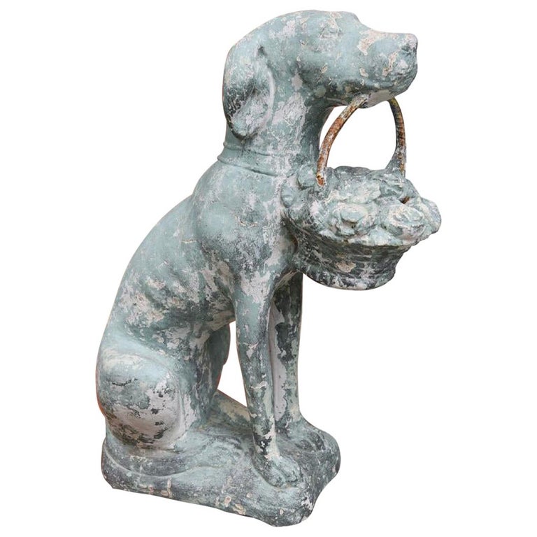 Antique Cast Stone Dog with Basket For Sale at 1stDibs