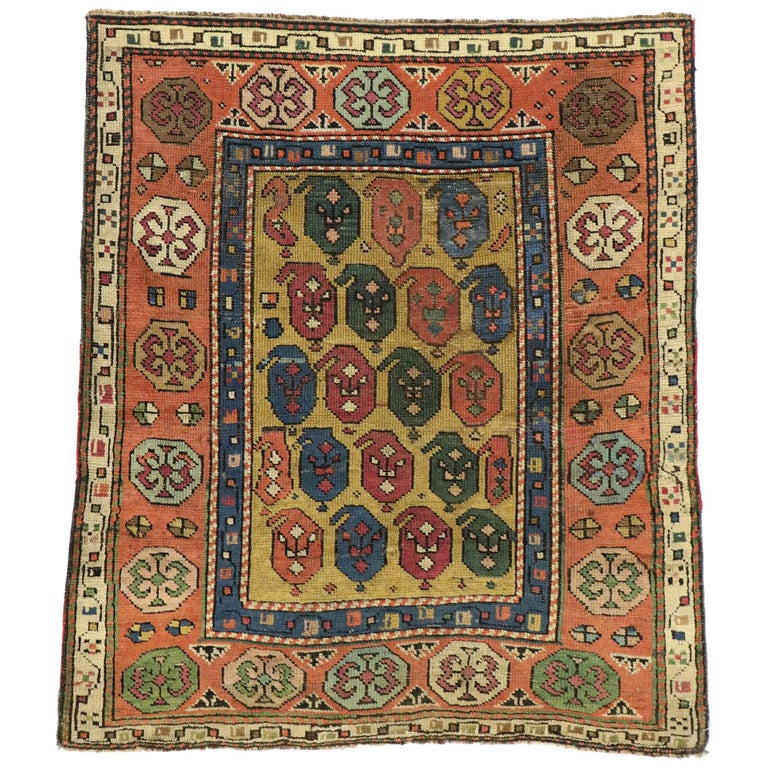 Antique Caucasian Dagestan Square Rug with Modern Rustic Arts and ...