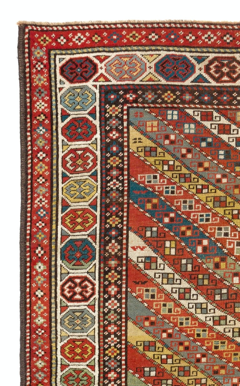 3.9x6.6 Ft Antique Caucasian Gendje Rug Colorful Diagonal Stripes ...