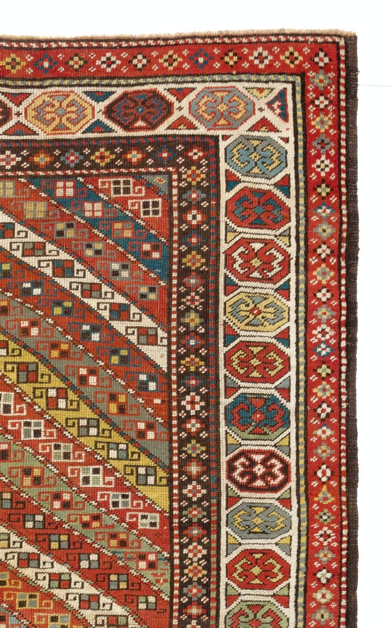 3.9x6.6 Ft Antique Caucasian Gendje Rug Colorful Diagonal Stripes ...