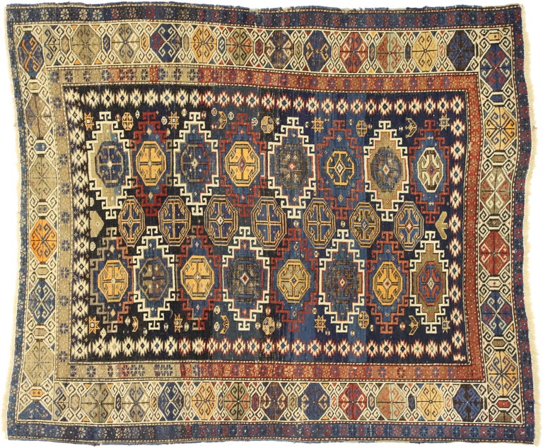 Antique Caucasian Kazak Rug with Rustic Tribal Style, Square Rug For ...