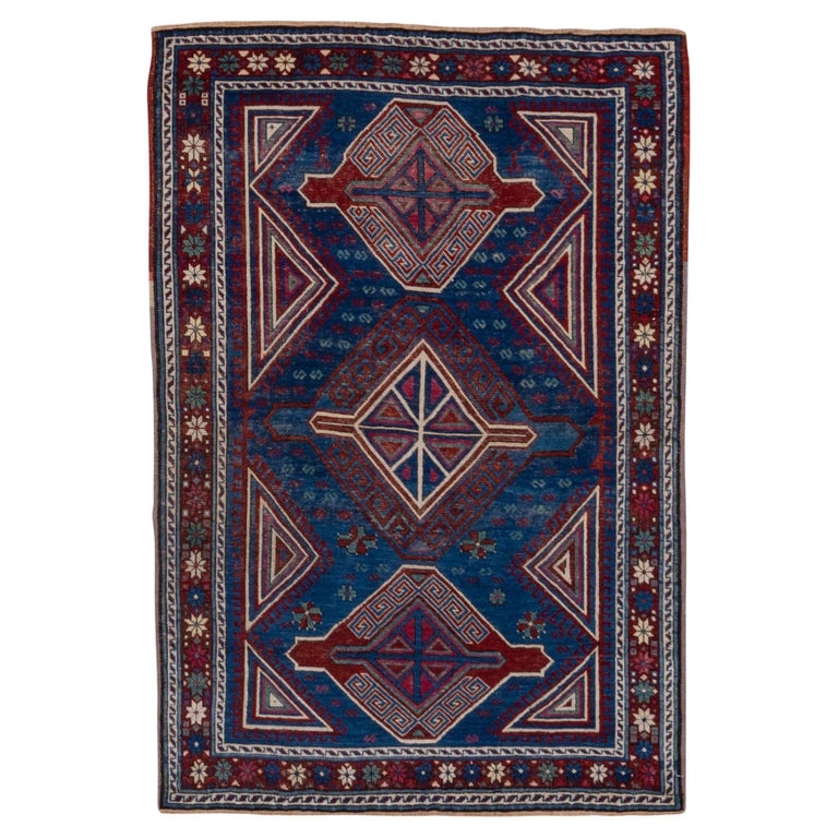 Antique Caucasian Kuba Area Rug, Dark Blue Field, Red Borders, Pink ...