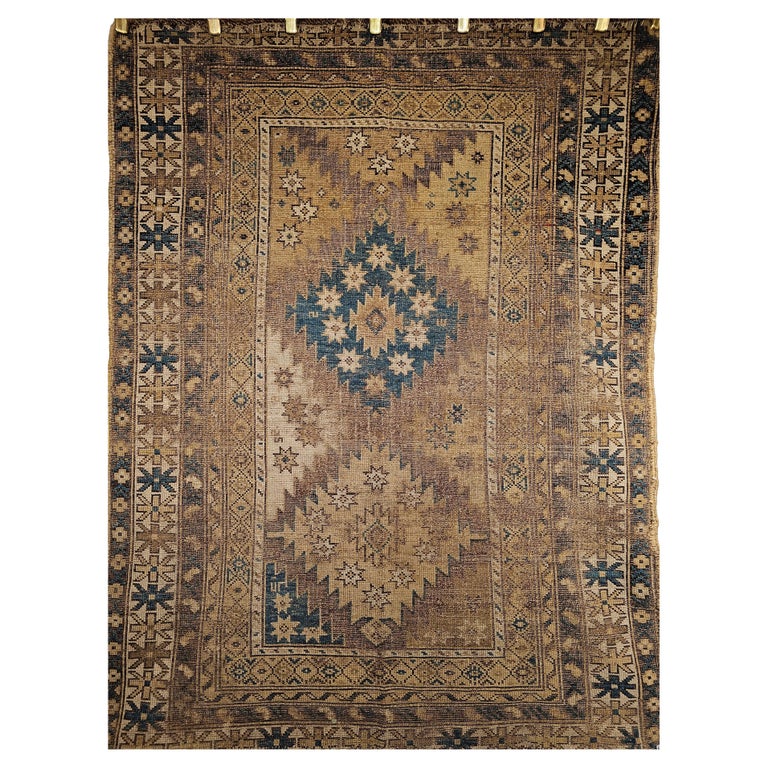 Antique Caucasian Shirvan Rug in Pale French Blue, Ivory and Chocolate ...