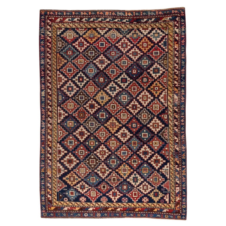 Antique Caucasian Shirvan Rug, Geometric Field, Red, Navy and Yellow ...