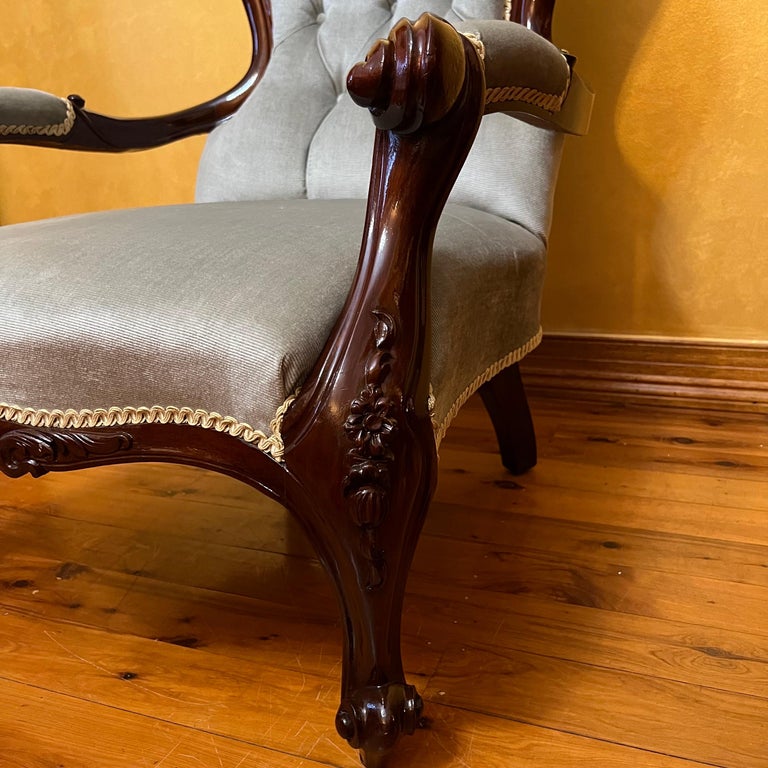 Antique Cedar Green Velvet Grandfather Chair For Sale at 1stDibs