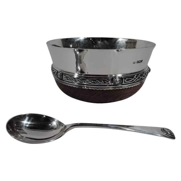 Antique Celtic Revival Sterling Silver and Wood Mazer Bowl and Spoon ...