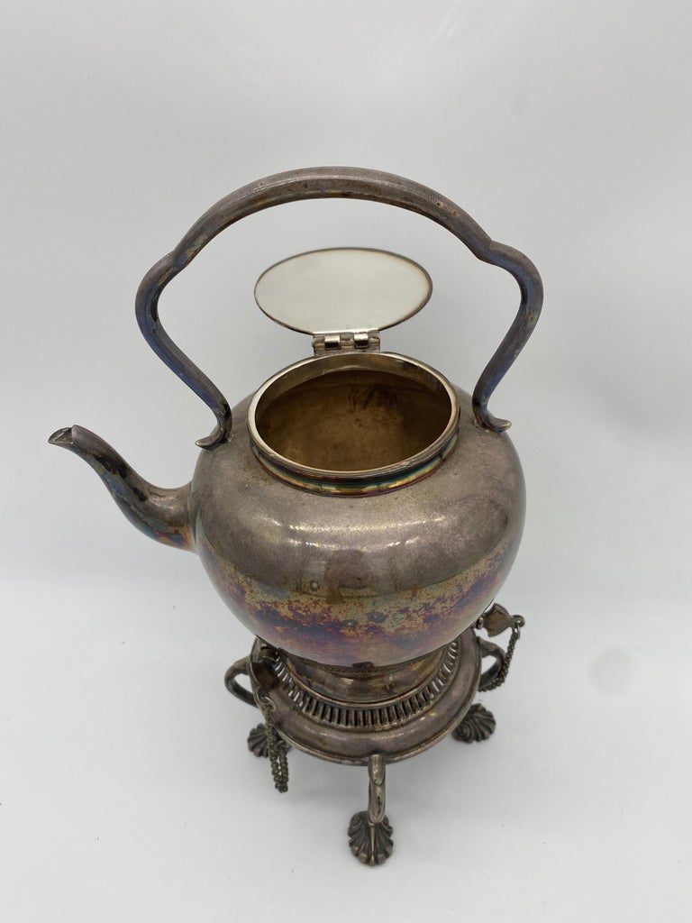 Antique Century Silver Teapot on Burner Stand For Sale at 1stDibs