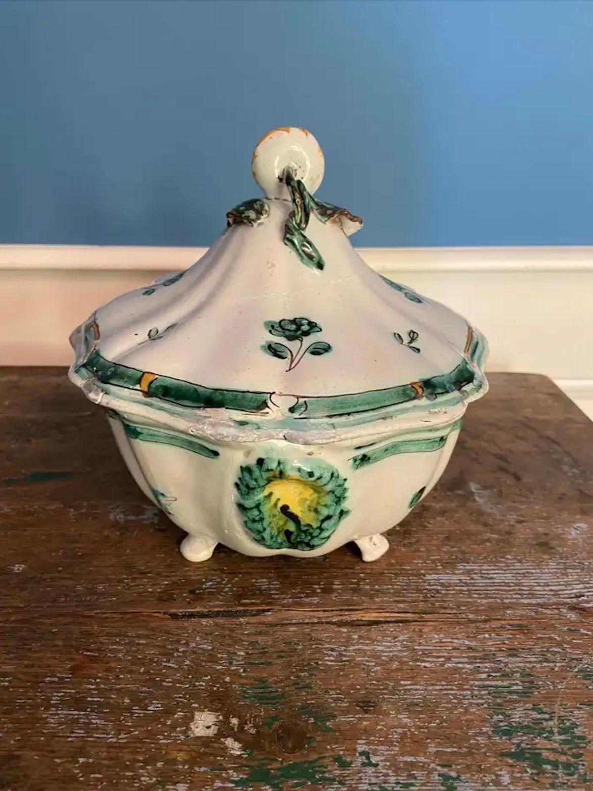 Antique Ceramic Tureen with Green Flower Decorations, Italy, 18th ...