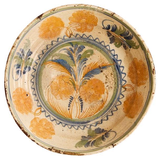 Antique Ceramic Wall Platter in Orange and Florals, Spain, Early 19th ...