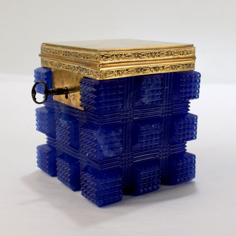 Antique Charles X French Blue Agate Pressed and Cut Glass Table Casket ...