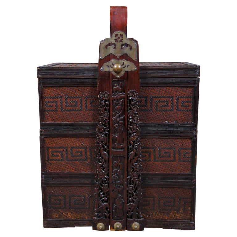 Antique Chinese 3 Tier Rosewood Rattan Stacking Wedding Box Dowry ...