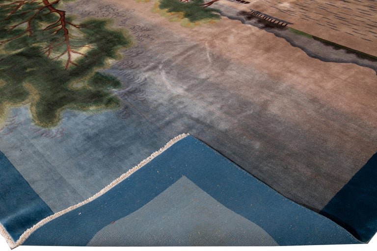 Antique Chinese Art Deco Blue Handmade Pictorial Oversize Wool Rug For ...