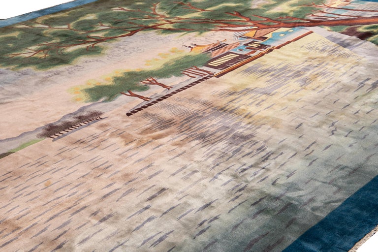 Antique Chinese Art Deco Blue Handmade Pictorial Oversize Wool Rug For ...