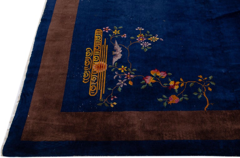 Antique Chinese Art Deco Handmade Navy Blue Wool Rug with a Traditional ...