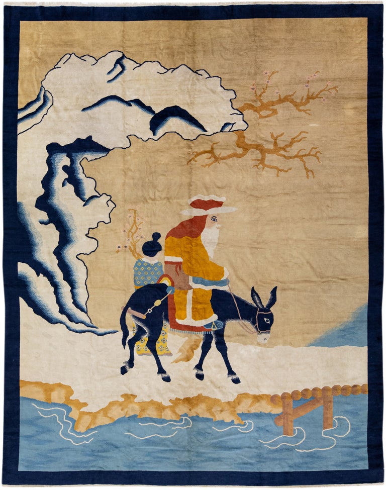 Antique Chinese Art Deco Handmade Tan Wool Rug With Pictorial Design ...