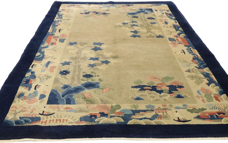 Antique Chinese Art Deco Pictorial Rug with Fishing Village Landscape ...