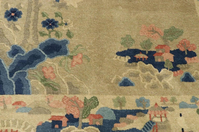 Antique Chinese Art Deco Pictorial Rug with Fishing Village Landscape ...