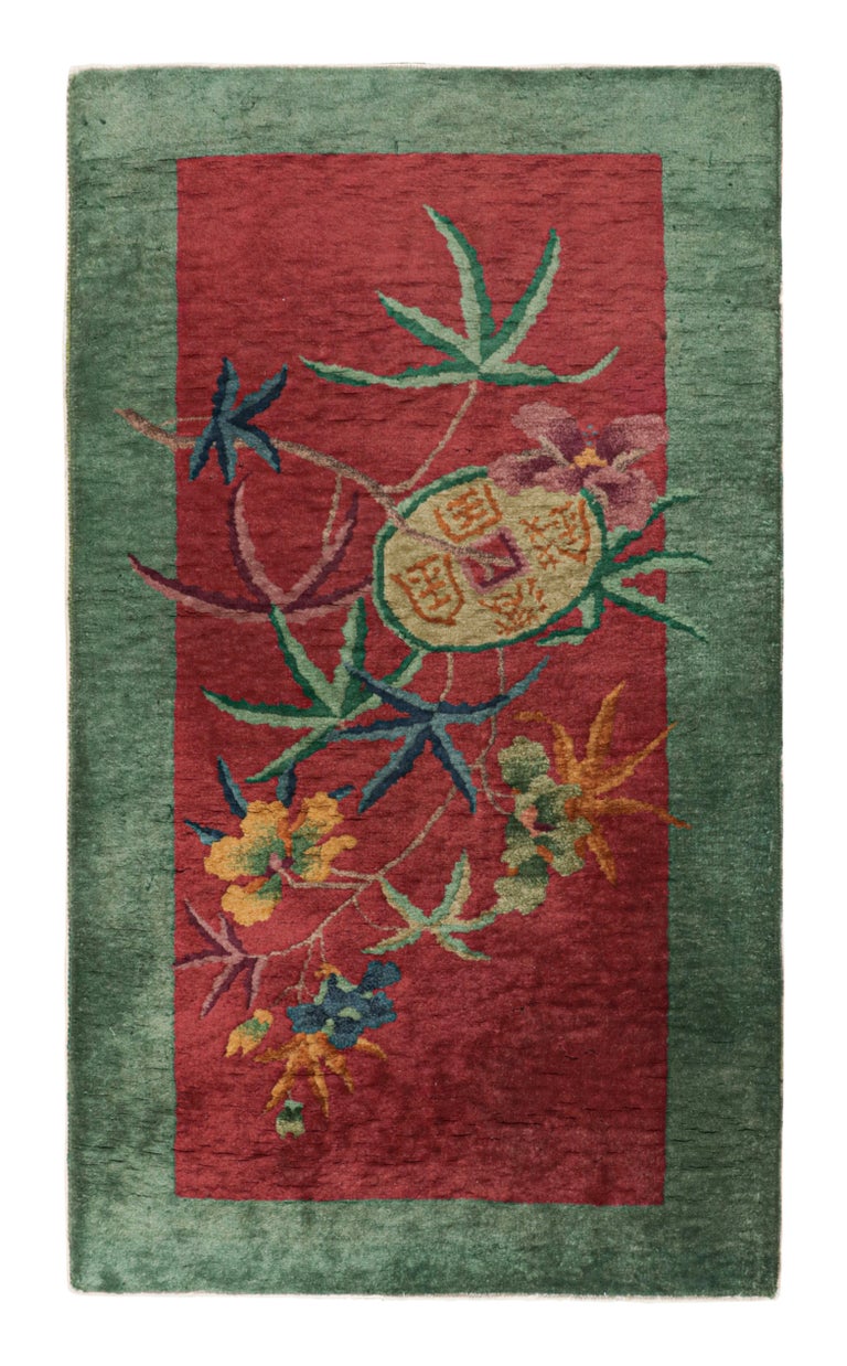 Antique Chinese Art Deco Rug in Red and Green with Floral Pattern by ...