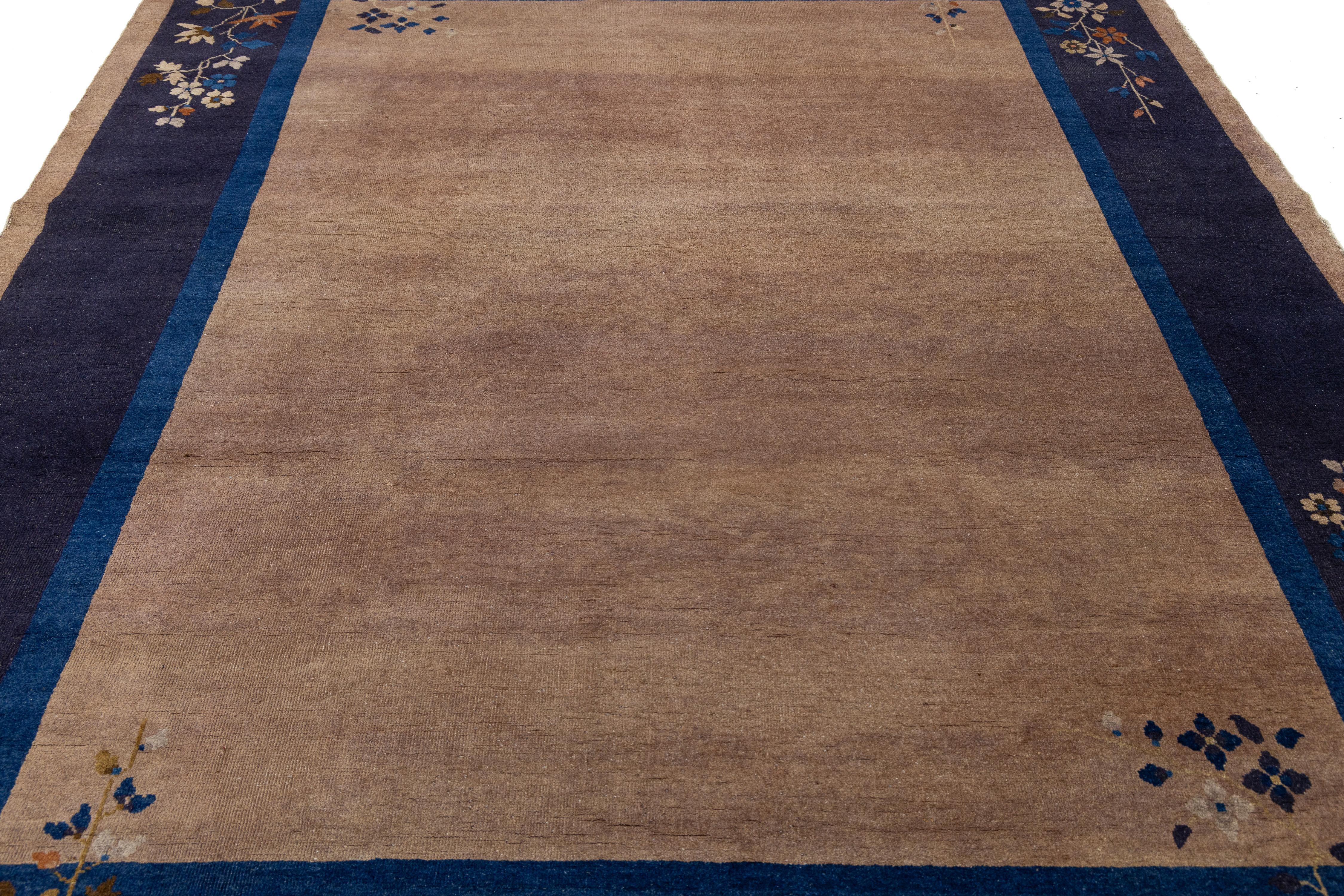 Antique Chinese Art Deco Rug Navy and Taupe Floral Wool 8x10 For Sale ...