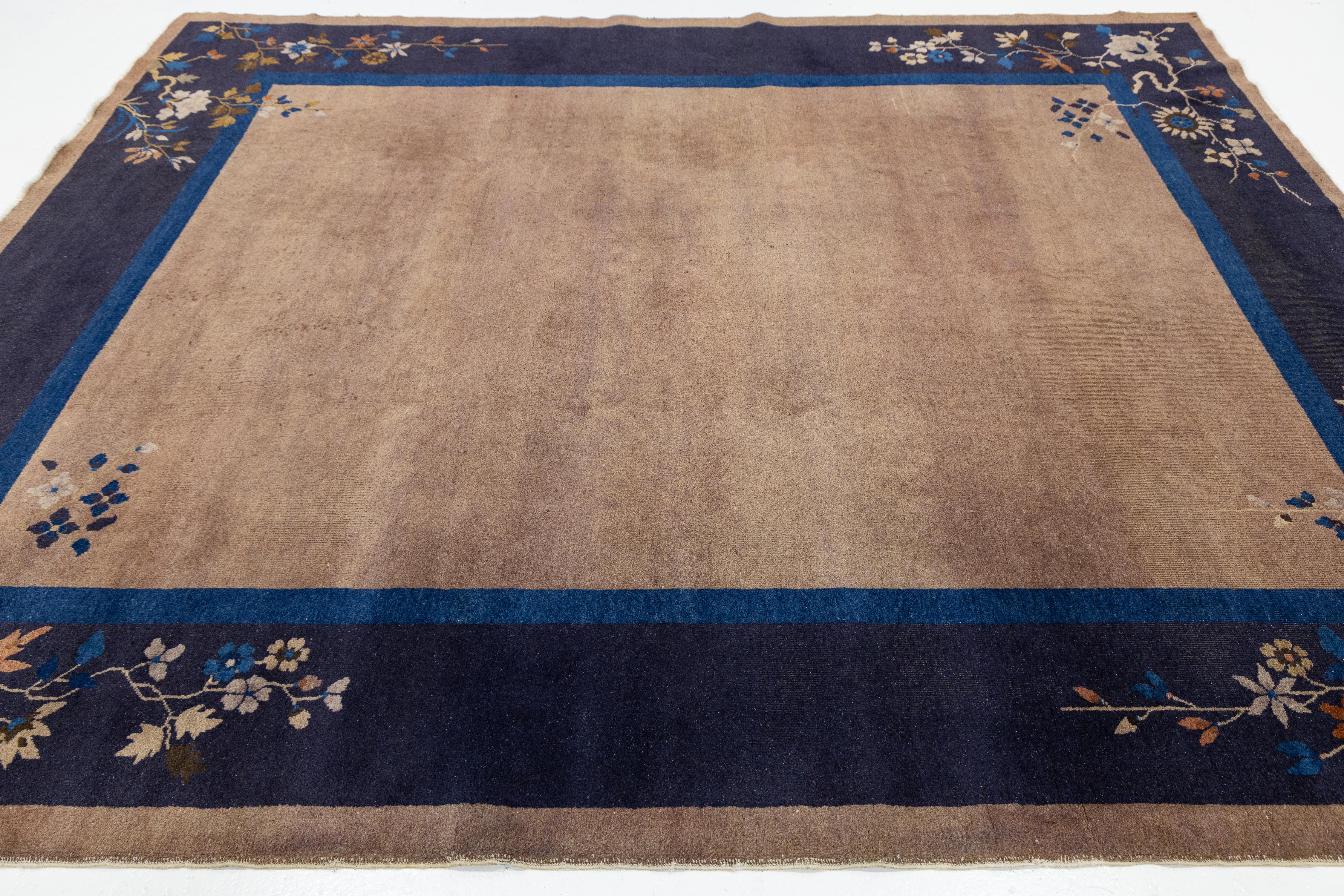 Antique Chinese Art Deco Rug Navy and Taupe Floral Wool 8x10 For Sale ...