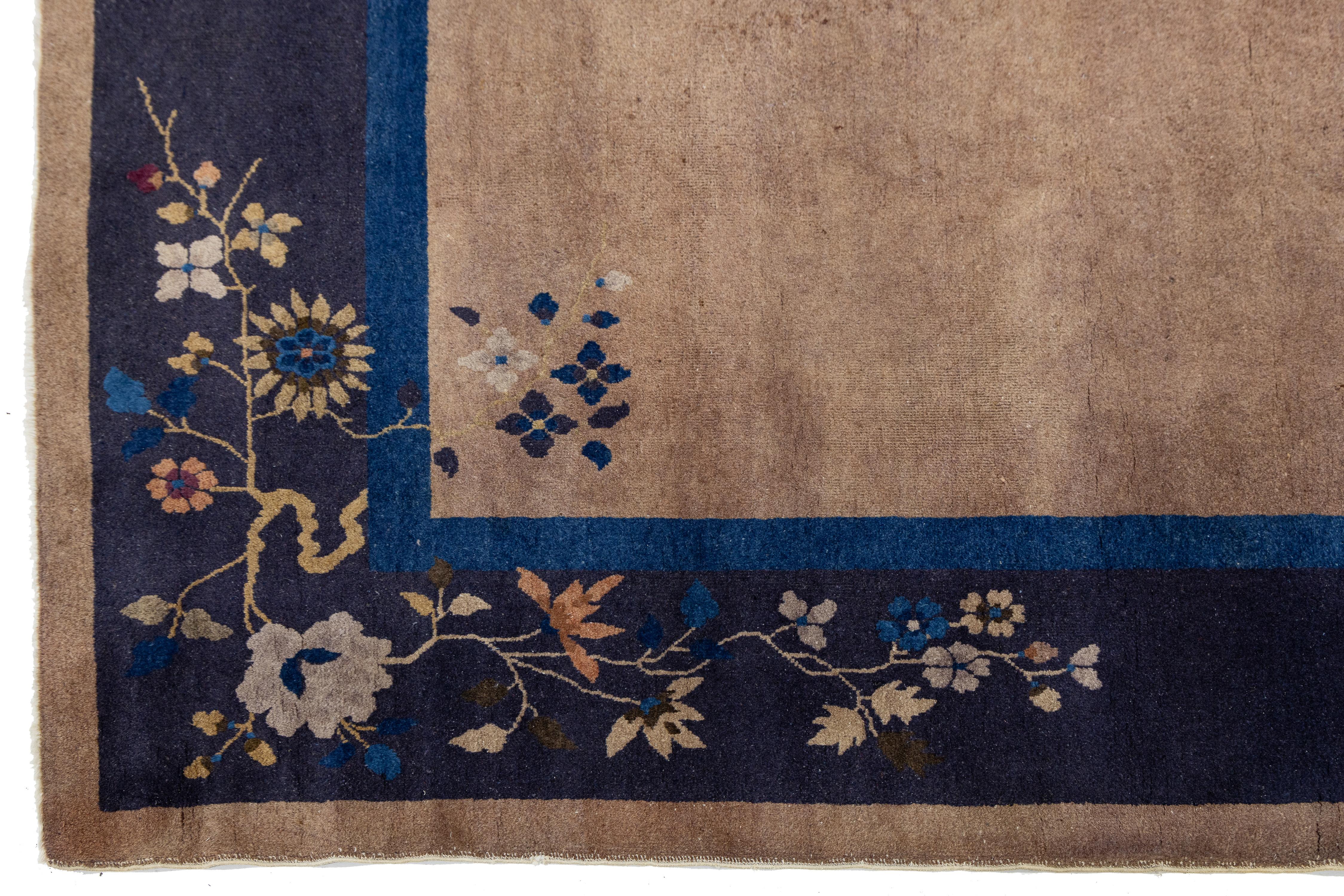 Antique Chinese Art Deco Rug Navy and Taupe Floral Wool 8x10 For Sale ...