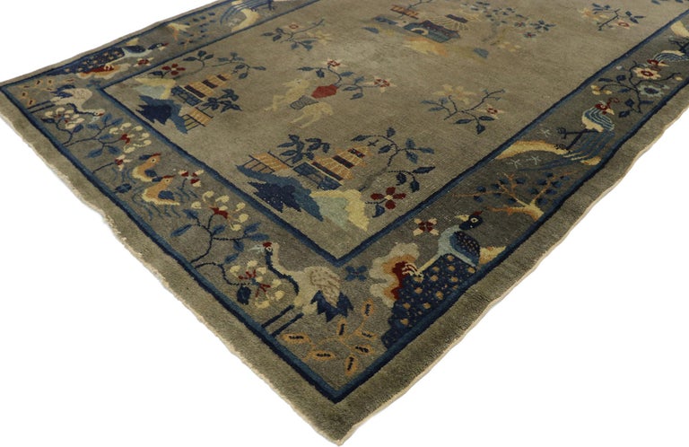 Antique Chinese Art Deco Rug with Pictorial Design For Sale at 1stDibs