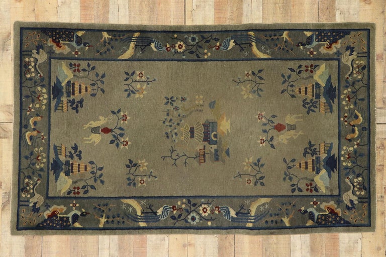 Antique Chinese Art Deco Rug with Pictorial Design For Sale at 1stDibs